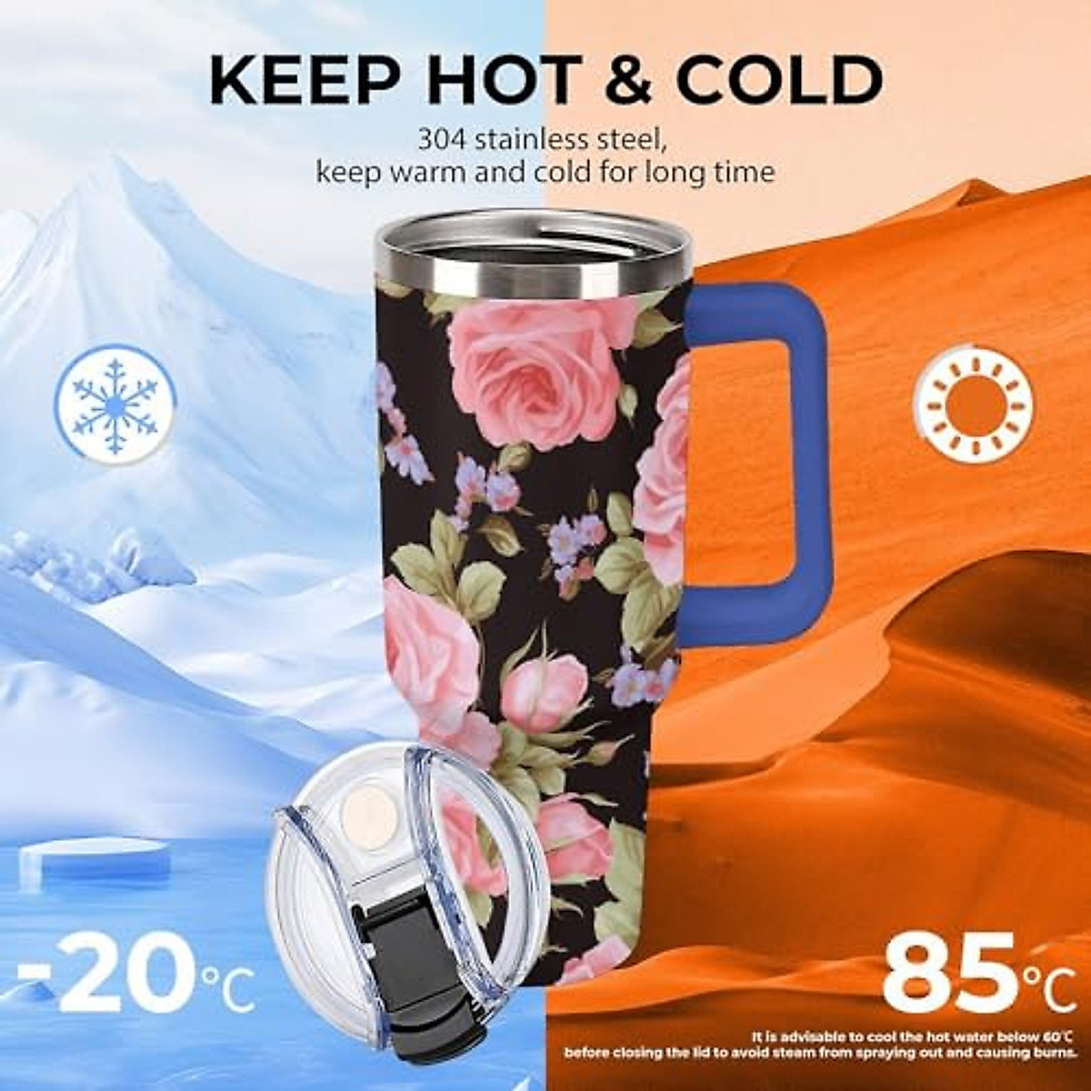 LLUTSNTH 40 Oz Vacuum Tumbler with Deep Blue Handle Leakproof Insulated Tumbler Pink Rose Stainless Steel Travel Mug with Lid And Straw Coffee Cup Cute Water Bottles Cup Holder Friendly