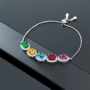 Gem Stone King 925 Sterling Silver 9X7MM Oval Gemstone Birthstone 5-Stone Tennis Bracelet For Women | Fully Adjustable Up to 9 Inch