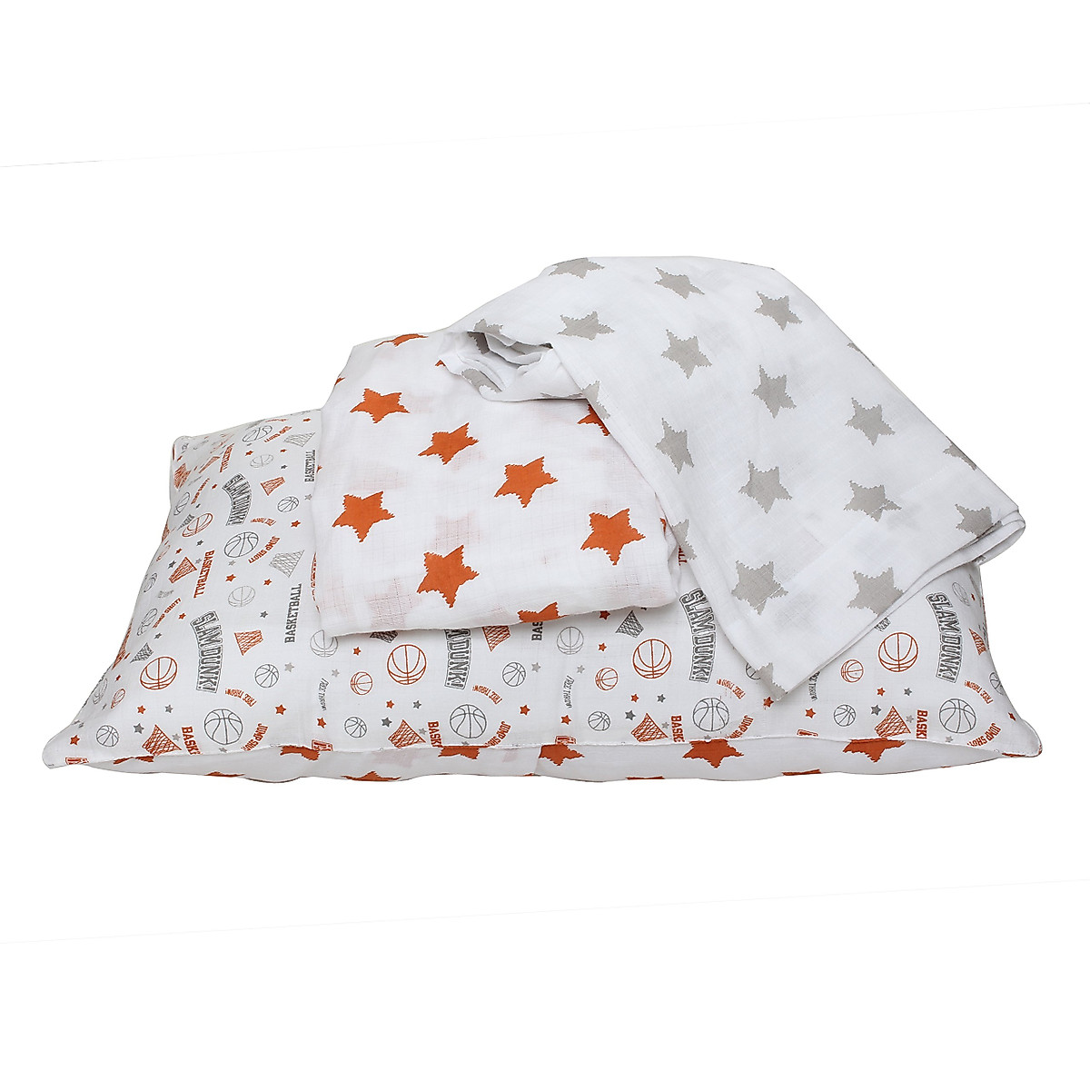 Bacati - Muslin 4 Piece Boys Toddler Bedding Set 100 Percent Cotton Includes Reversible Comforter, Fitted Sheet, Flat Sheet, and Pillow Case (Basketball Orange/Grey)