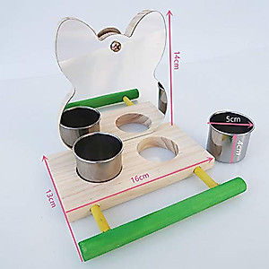Bird Food Cups with Perch,Parrot Mirror Toys for Bird Cage,Hanging Wooden Bird Stands with 2 Stainless Steel Food Bowls,Bird Feeding and Watering Supplies for Parakeets Conures Cockatiels (Green)