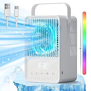 Portable Air Conditioner Fan, Ultra Quiet&Strong Airflow Personal Small Evaporative Air Cooler with 3 Speeds LED Light, 2 Cool Mist&2-8H Timer, Desk Cooler Fan for Room Office Camping, FERRISA (White)