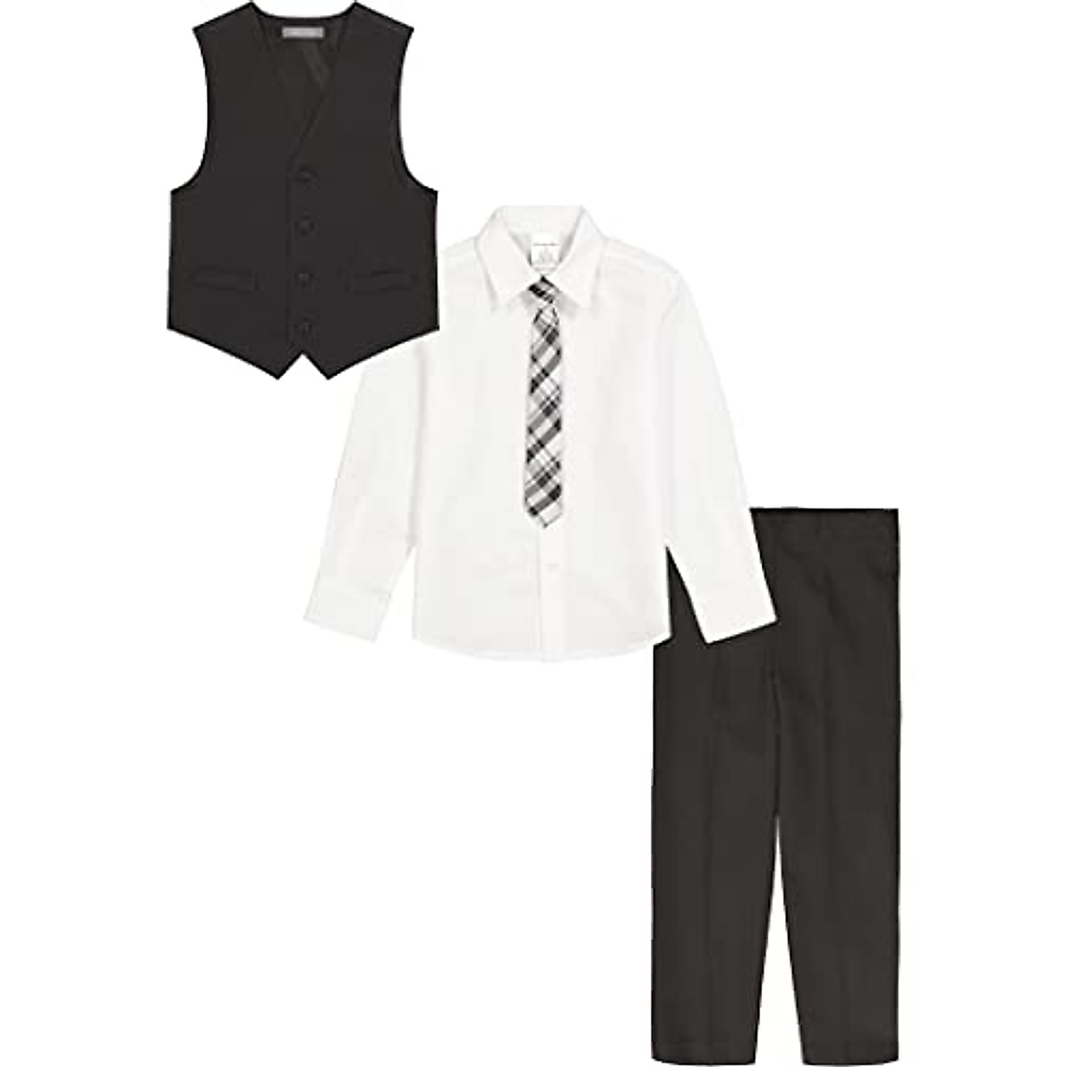 Van Heusen Boys' 4-Piece Formal Suit Set, Vest, Pants, Collared Dress Shirt, and Tie, Black/Red Stripe, 6