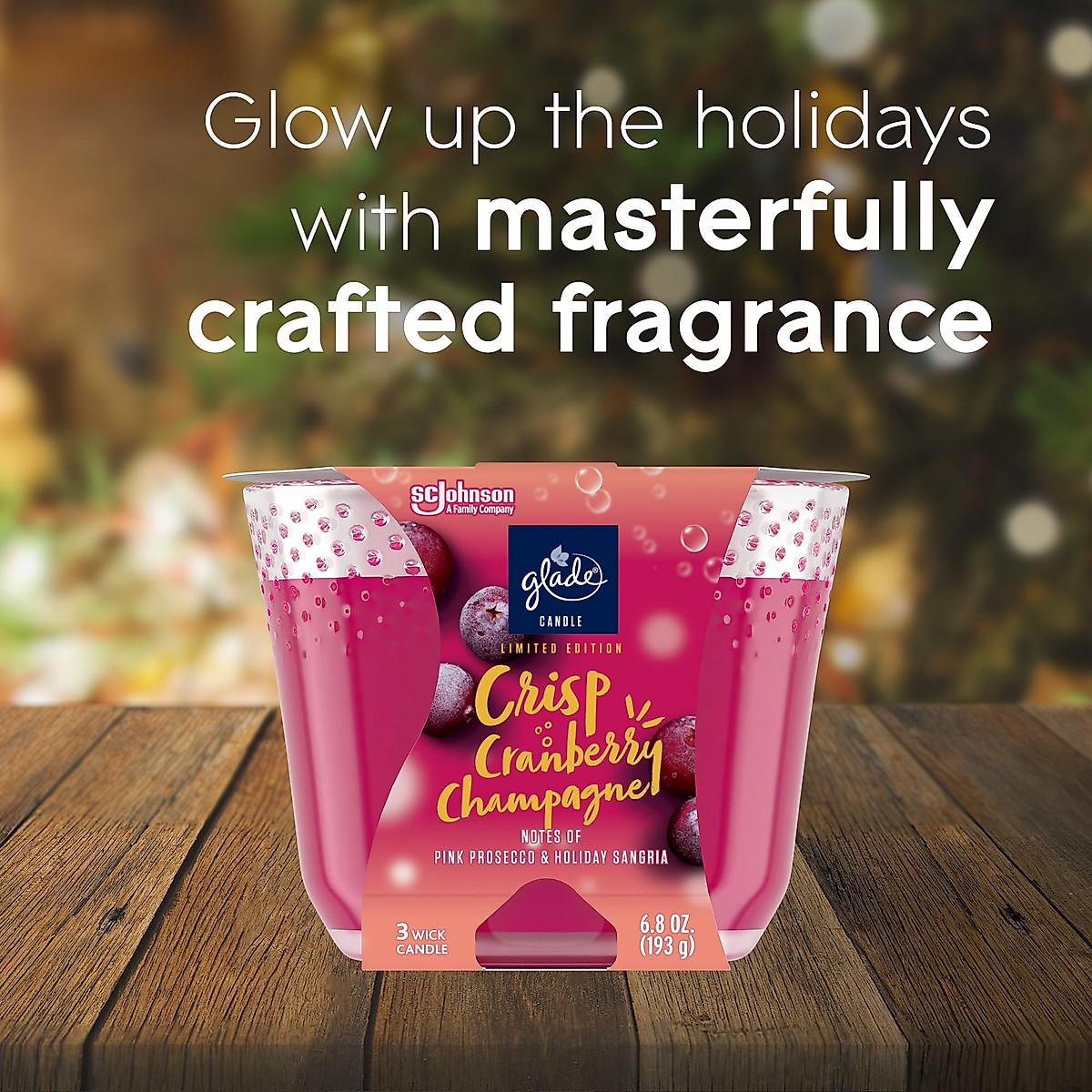Glade Candle Crisp Cranberry Champagne, Fragrance Candle Infused with Essential Oils, Air Freshener Candle, 3-Wick Candle, 6.8 Oz