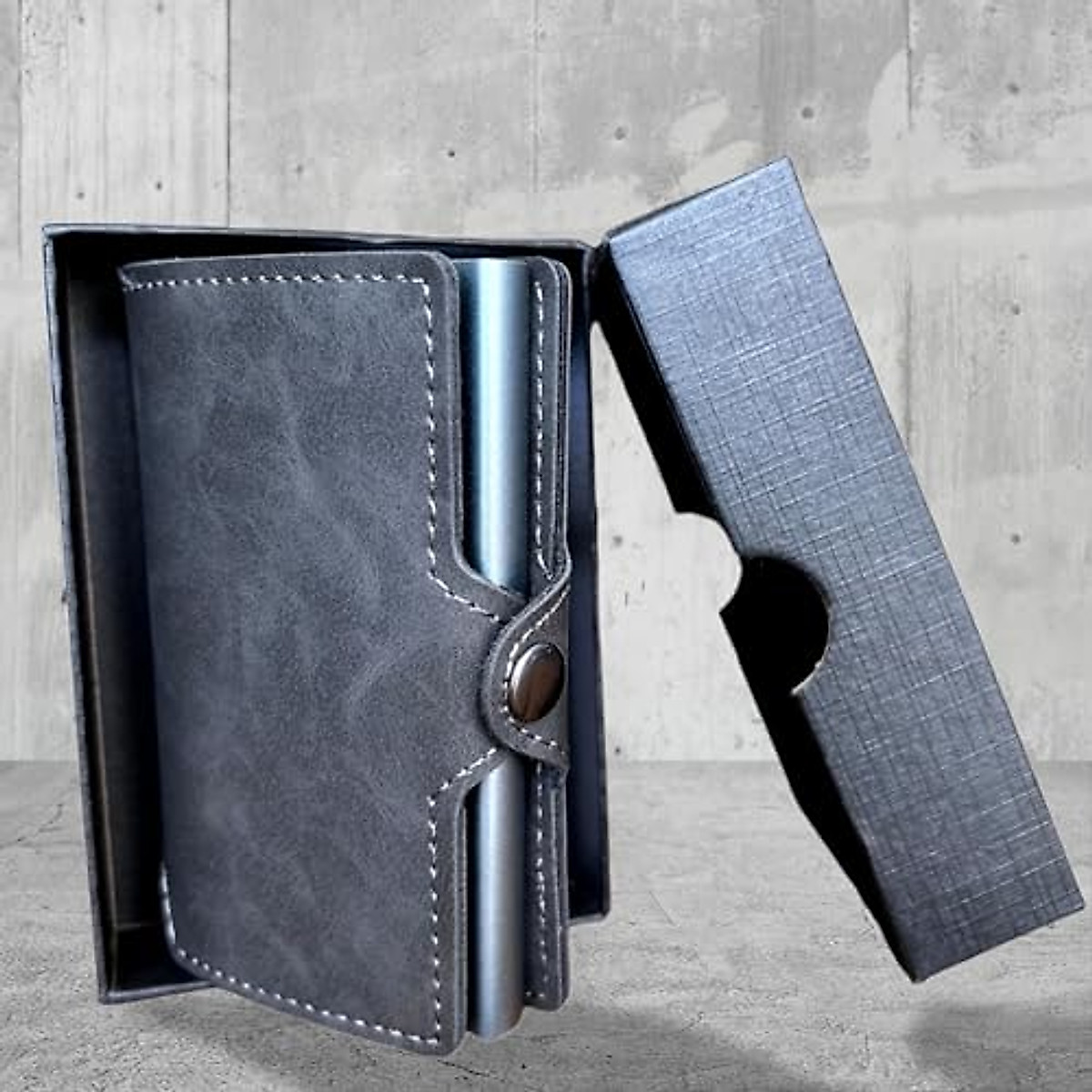 Minimalist Leather Card Holder With RFID Protection Wallet,6 cards in the sliding cover,2 interior slots for 4 cards,cash in its pressure system,0.78 x 2.67 x 3.93,Elegant black gift box (Grey)