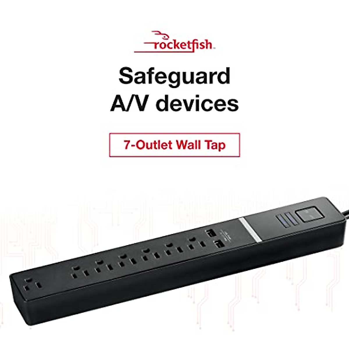 Rocketfish 7-Outlet/2-USB Wall Tap Surge Protector Strip - Provides Protection & Convenient Mobile Phone Charging - Black