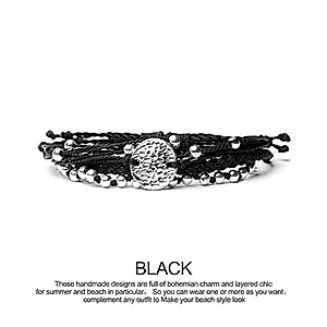 Mezcla Vida Bohemian Wave Coin Charms Black Beaded Handmade Braided Rope Surfing Woven Bracelets Sets For Women Teen Girls, Beach String Jewelry (BLACK)