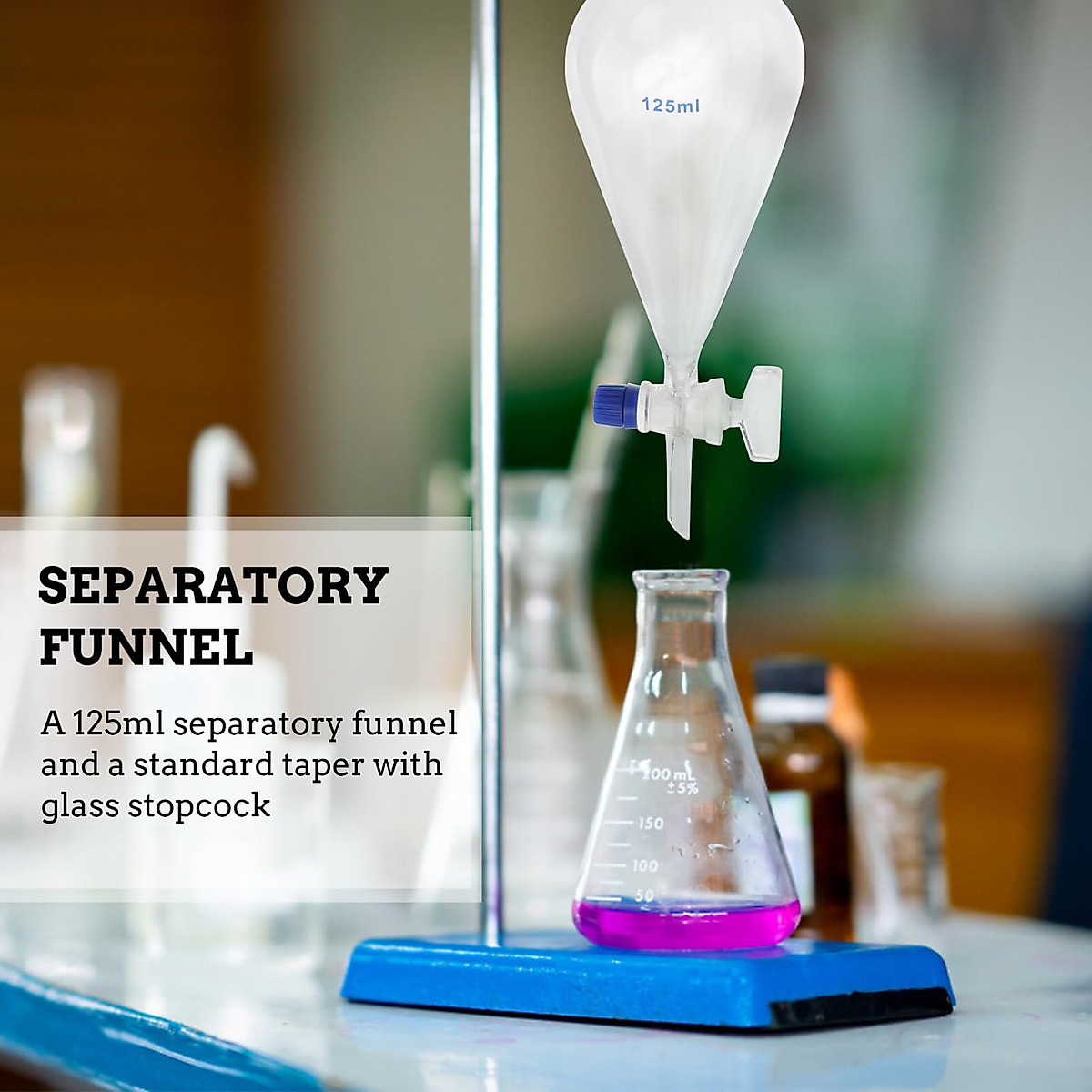 Separatory Funnel Pear Funnels, 125ml Thickened Glass Separating Funnel, Leak-Proof Screw Cap, Stopcock Style and Logo Color Random, Lab Glassware
