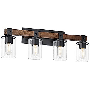 Farmhouse Rustic Bathroom Lighting Fixtures Over Mirror, Vintage Wood Vanity Lighting with Clear Glass, 4-Light Modern Industrial Wall Lamp for Bedroom,Living Room,Hallway