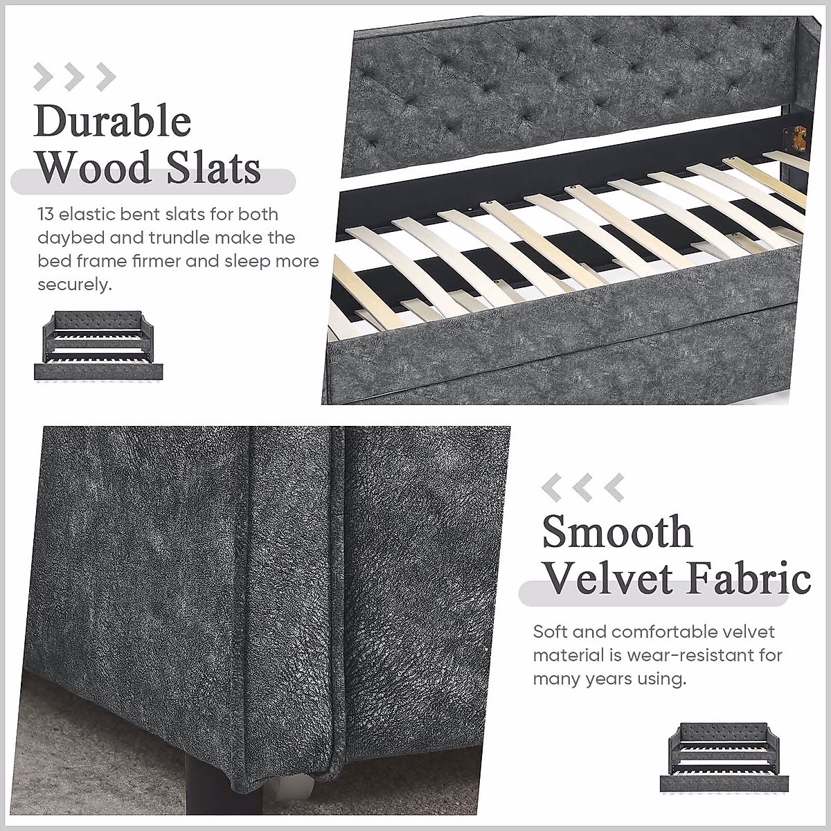 Antetek Daybed with Trundle, Fabric Upholstered Twin Size Day Bed Pull-Point Sofa Daybed Frame w/Twin Roll-Out Trundle, No Box Spring Needed, Furniture for Bedroom, Living Room, Guest Room, Grey