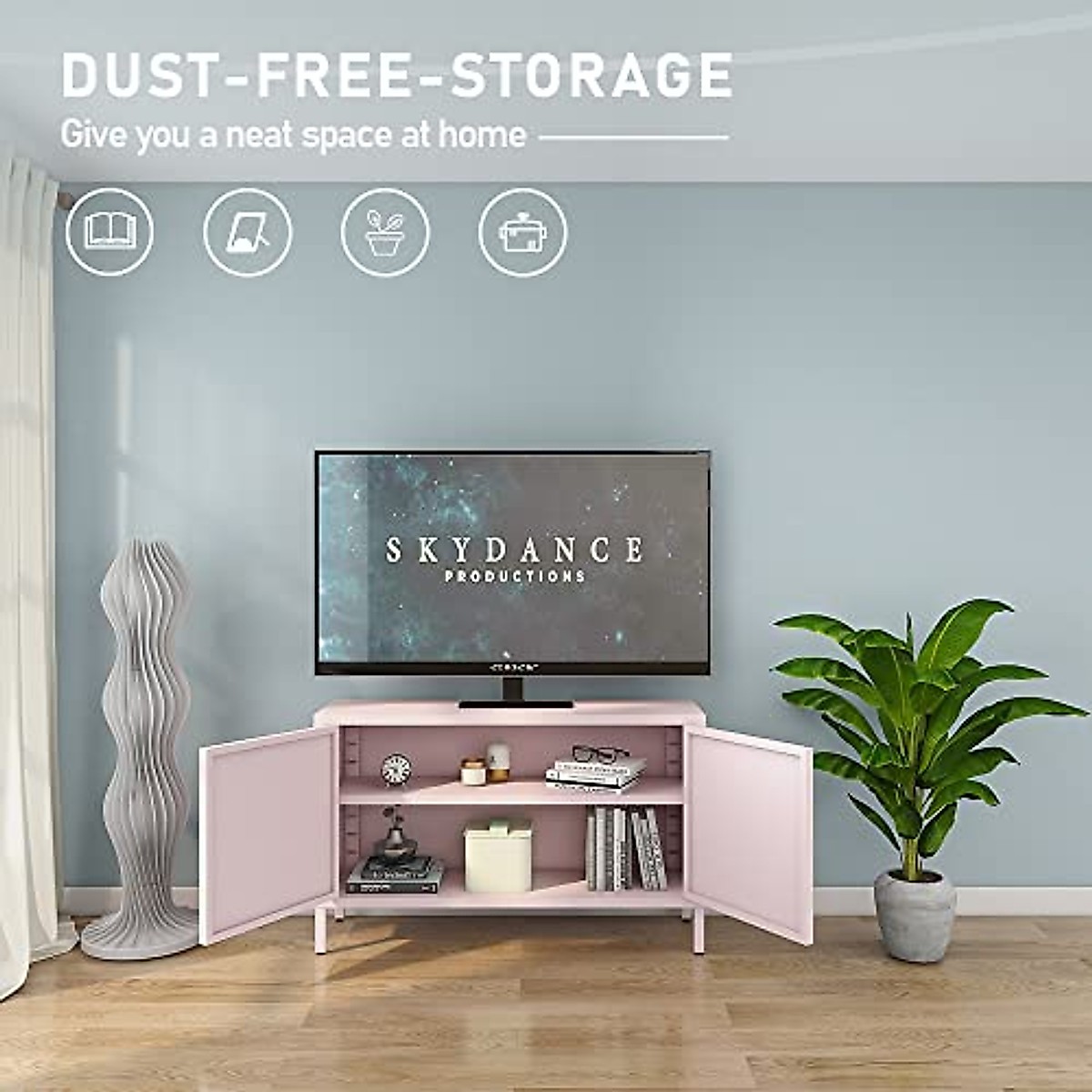 LINGZOE 2 Door Steel Storage Cabinet Pink TV Stand for Living Room ...