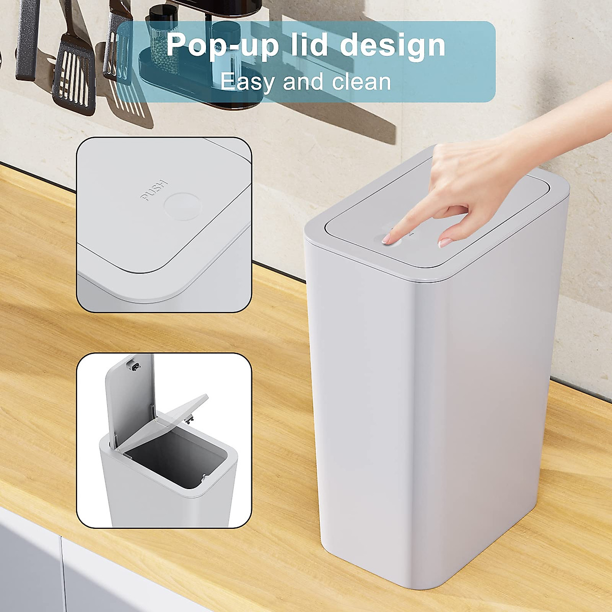 ePiiChua 3 Pack 10 Liter / 2.6 Gallon Small Trash Can with Lid, Bathroom Garbage Can with Pop-up Lid, Waste Basket for Bathroom, Kitchen, Bedroom, Powder Room, Craft Room, Office, College (Gray)