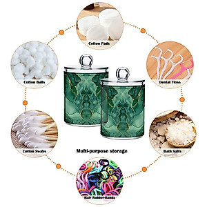 2 Pack Qtip Holder Organizer Dispenser Marble Green Bathroom Storage Canister Cotton Ball Holder Bathroom Containers for Cotton Swabs/Pads/Floss