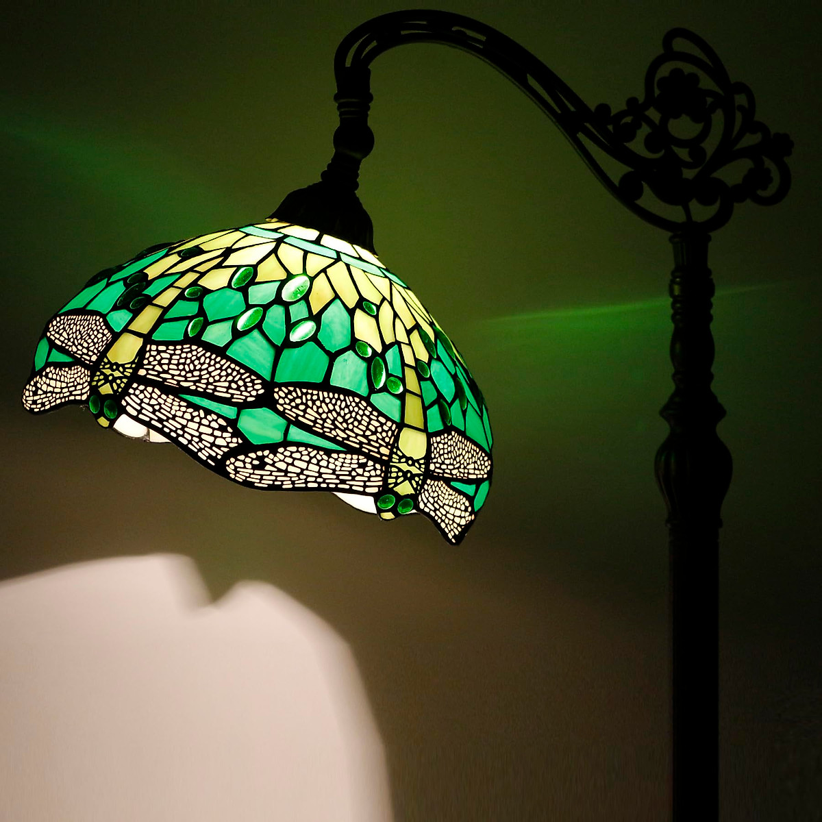 WERFACTORY Tiffany Floor Lamp Green Stained Glass Dragonfly Arched Lamp 12X18X64 Inches Gooseneck Adjustable Corner Standing Reading Light Decor Bedroom Living Room S459 Series