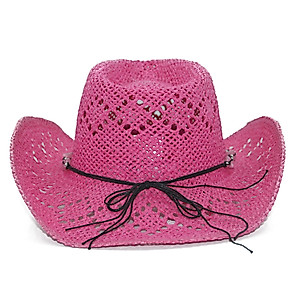 Vamuss Straw Cowboy Hat for Women with Beaded Trim and Shapeable Brim, Fuchsia