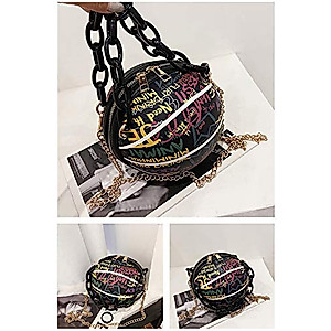 Women's Graffiti Letter Basketball Shaped Purse Girls Mini Round Handbag Fashion Cute Handle Bag Shoulder Cross Body PU Leather Messenger Bags Removable Shoulder Strap (Black)