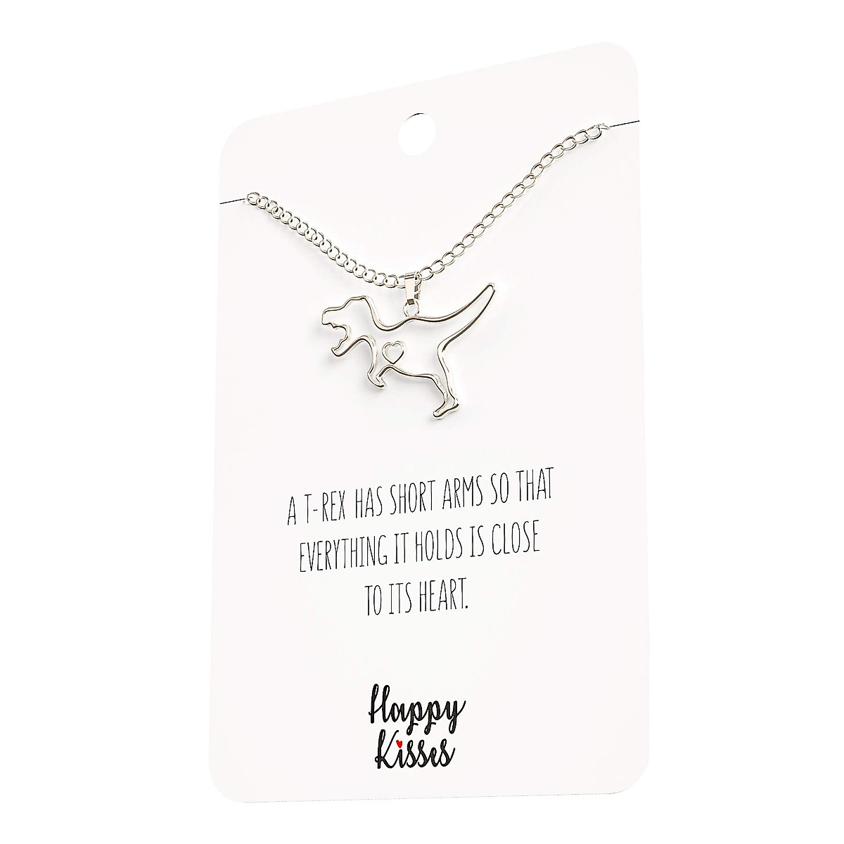 Happy Kisses Dinosaur T-Rex Necklace - Cute Pendant Gift - Sweet and Funny Message Card (Silver)