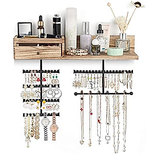 VINAEMO Jewelry Organizer Hanging Wall Mounted Jewelry Holder with Rustic Wood Drawer & Large Capacity Storage Shelf Rack Display for Earrings Rings Necklaces Bracelet