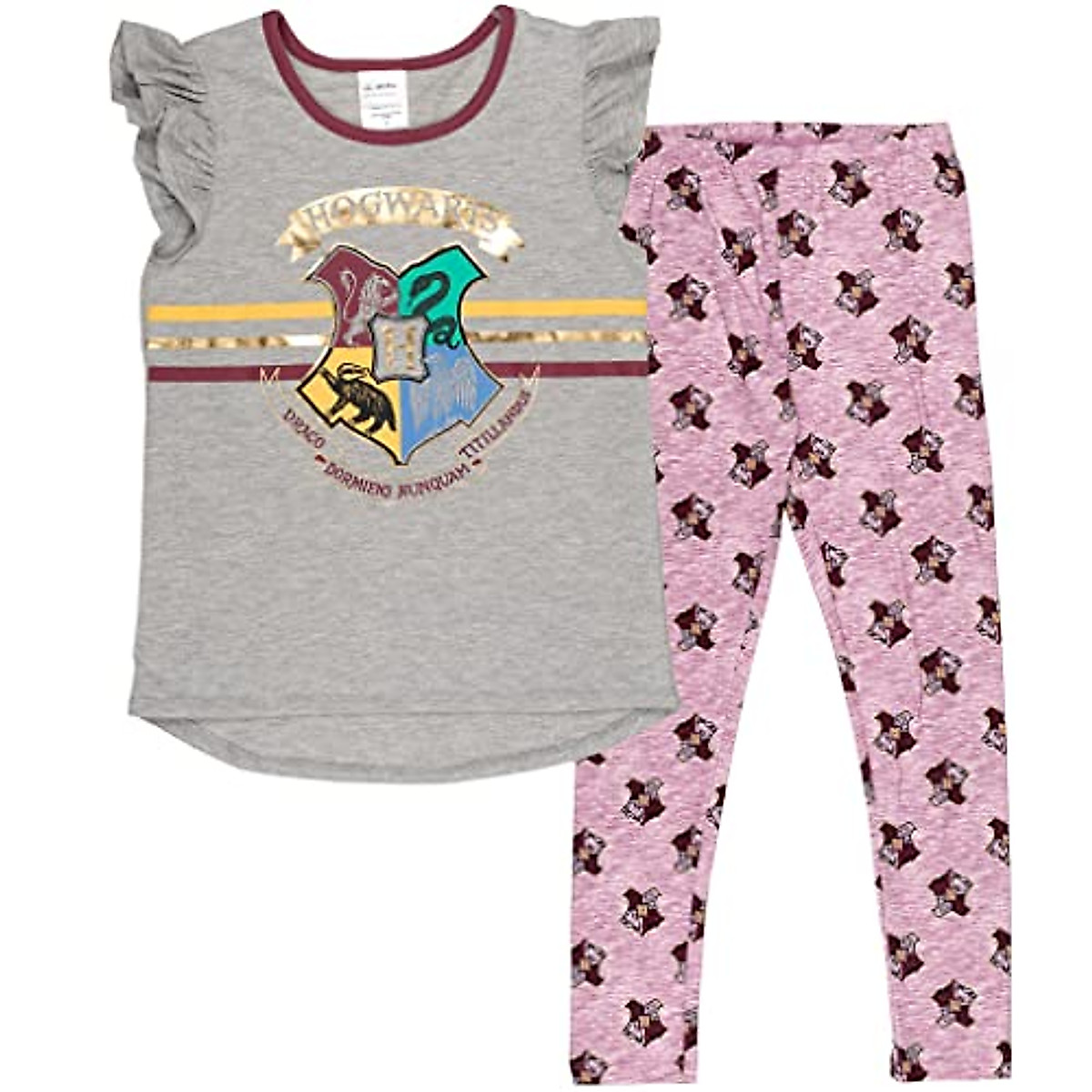 Harry Potter Hogwarts Big Girls Ruffle T-Shirt Legging Set 18-20 Pink/Gray