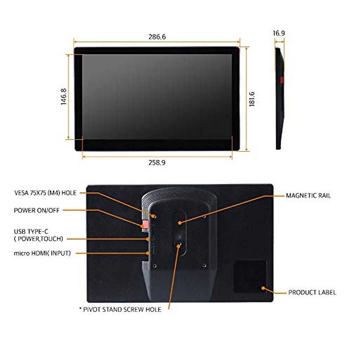 DoubleSight Displays DS-12H 12" LCD HDMI Monitor - TAA Compliant - 1366 x 768 - WXGA - 250 Nit - Micro HDMI - Black - Portable No Video Card Required PC/MAC - 3 Year Warranty