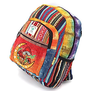 Unique Moon & Mushroom Embroidered Himalaya Hemp Hippie Backpack Festival Backpack FAIR TRADE Handmade with Love. (MINI)