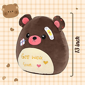 Easfan Get Well Soon Stuffed Bear Plush Pillow, Feel Better Injured Teddy Cozy Snuggle Toy Animal with Adhesive Bandage, Adorable Soft Gifts for Patients Boys Girls After Surgery, Brown, 13''