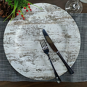 JRHCGH 13" Round Faux Wooden Charger Plates,Chargers For Dinner Plates Set Of 6, Antique Plastic Plates Bulk Wedding,Elegant Decor Place For All Occasions (White)
