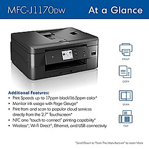 Brother MFC-J1170DW Wireless Color Inkjet All-in-One Printer with Mobile Device Printing, NFC, Cloud Printing & Scanning, Refresh Subscription and Amazon Dash Replenishment Ready