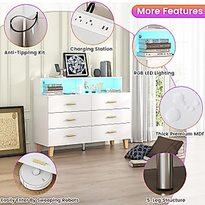 knoworld White 6 Drawer Dresser for Bedroom, Chest of Drawers with LED Light and Power Outlet, Tall Wide Dresser for Organizer Cabinet Bedroom,Living Room,Hallway, Entryway, Bedroom