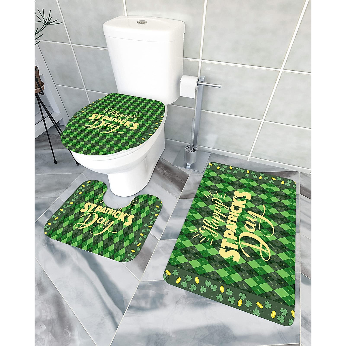 Bath Rugs for Bathroom Set 3 Piece St. Patrick's Day Green Diamond Plaid Lucky Shamrocks Clovers Non-Slip Washable Memory Foam Absorbent Bath Mat Rugs,U-Shaped Toilet Floor Mats,Toilet Lid Cover