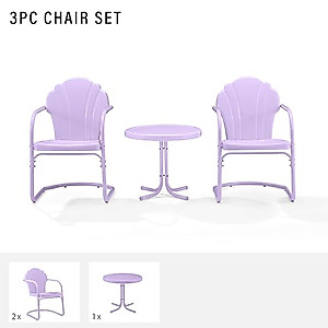 Crosley Furniture Tulip 3-Piece Outdoor Chair and Side Table Set, Vintage Retro Metal Patio Conversation Sets, Lavender Gloss