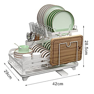 LEAQU Dish Drying Rack,2-Tier Metal Dish Drying Rack with Drain Board, Anti-Rust No Installation Dish Drainer with Utensil Holder,Kitchen Organizer for Dishes, Spoons and Forks White