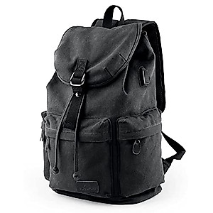 WONHOX Canvas Vintage Backpack for Men Women,Waterproof School Black Laptop Backpack,Travel Bag for College Men Casual Rucksack Backpack with USB Charging Port, Large Black