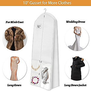 72" Wedding Dress Garment Bag with 10'' Gusseted Dress Bags for Gowns Long 4 Pockets Dress Cover for Women, White