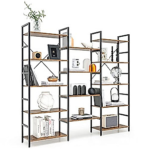 Giantex Triple 5-Tier Industrial Bookshelf- Freestanding Metal Frame Ladder Bookcase with 14 Open Shelves, Wooden Large Display Open Shelving for Living Room Home Office Study, Rustic Brown