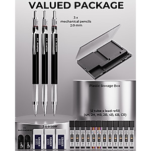 Nicpro 2mm Metal Mechanical Pencil Set with Case, 3PCS Lead Pencil Holder 2.0 mm with 144PCS Lead Refills (4H 2H HB 2B 4B 6B Color), Eraser, Sharpener for Drafting Writing Drawing Sketching