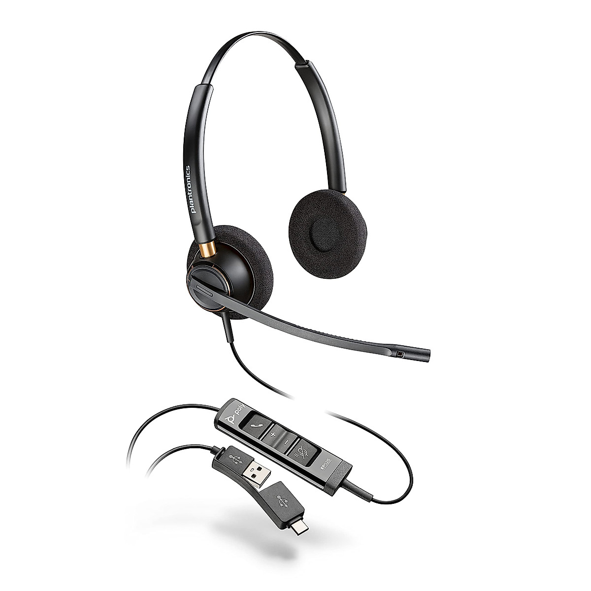 Poly - EncorePro 525 USB-A and USB-C USB Headset (Plantronics) - Acoustic Hearing Protection - Hold & Call Answer Buttons - Dual Ear Wearing Style,Black