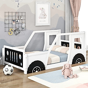 Car Bed Twin Size Montessori Floor Bed Frame with Fence and Door, Car-Shaped Platform Bed with Wheels,Solid Wood Twin Bed for Kids Boys Girls, No Box Spring Needed (Twin Size, White)