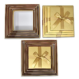 Set Of 4 Gold Square Gift Boxes with Ribbon Bow Assorted Sizes Nesting Christmas Box Durable Cardboard Reusable for Wrapping Gifts Holiday Wedding Present Bridesmaid Bridal and Baby Shower Anniversary