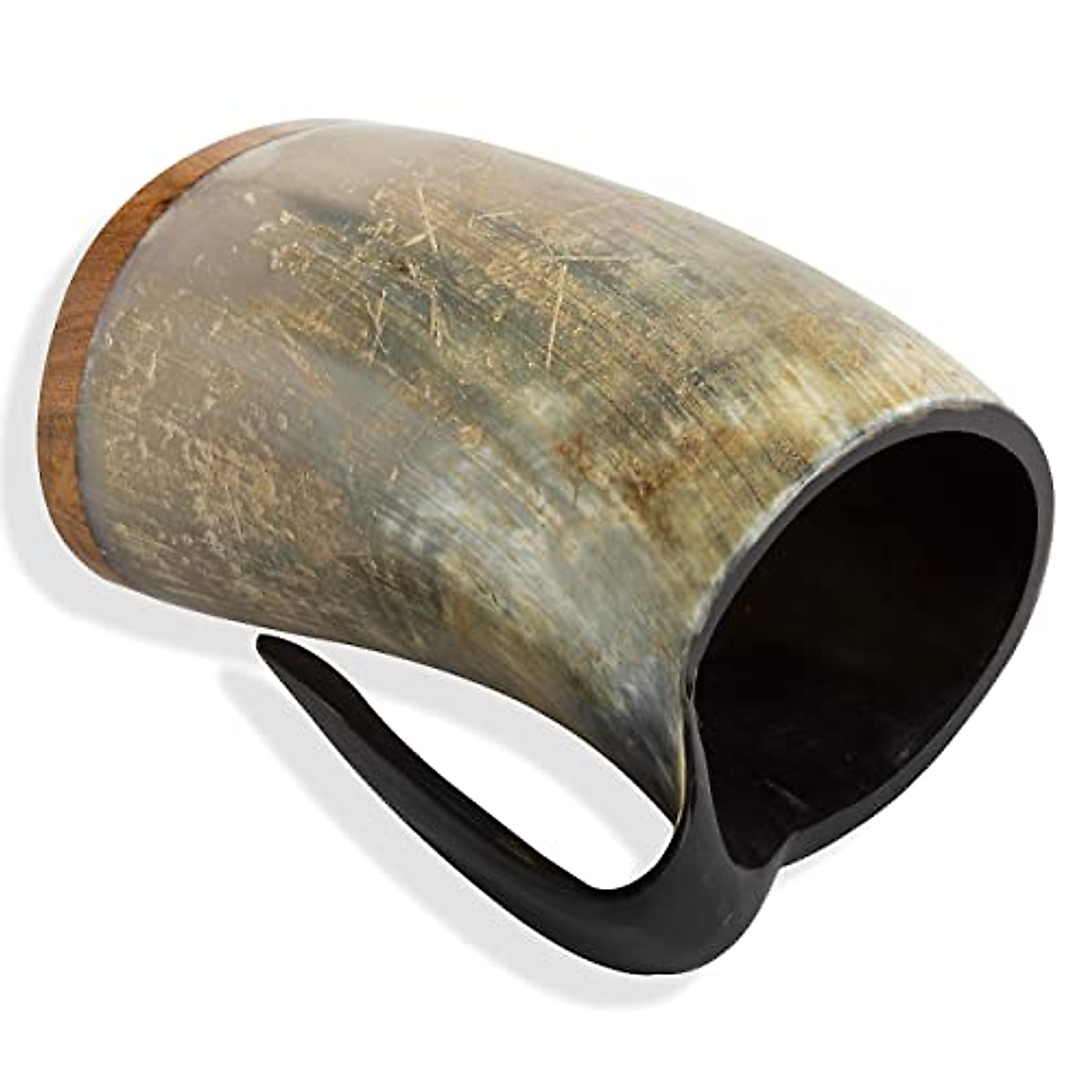 Eleet Original Viking Drinking Horn Mug - 20 Oz Wood Base Extra Large Medieval Inspired Cup Unpolished Natural & Real Horn Tankard (20 Oz Jumbo Unpolished)