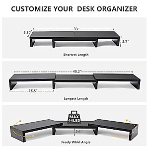 Dual Monitor Stand Riser Office Desktop Organizer Stands for 2 Monitors Length and Angle Adjustable 3 Shelf, Extra Long Multifunctional Stand fit Computer, Laptop, PC, TV, Max 48.2" Length, Black