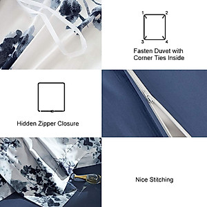 MILDLY 100% Long Staple Cotton Duvet Cover Set Navy Blue Leaves Printed Comforter Cover Set Watercolor Plant Floral