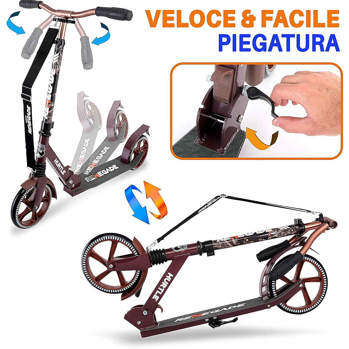 Hurtle Renegade Kick Scooters for Kids Teenagers Adults- 2 Wheel Kids Scooter with Adjustable T-Bar Handlebar - Alloy Anti-Slip Deck - Portable Folding Scooters for Kids with Carrying Strap