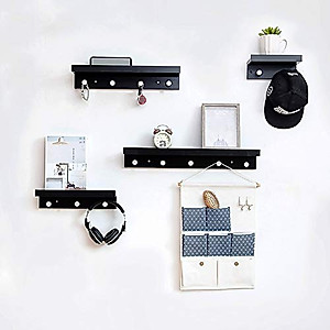 PIBM Stylish Simplicity Shelf Wall Mounted Floating Rack Shelves Solid Wood Storage Hooks Living Room 3 Colors,4 Sizes Avaliable, Black , 35.5X8X12cm