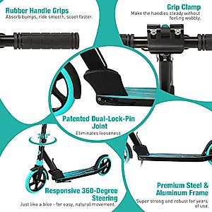 BELEEV V5 Scooters for Kids 6 Years and up, Folding Kick Scooter 2 Wheel for Adults Teens, 4 Adjustable Handlebar, 200mm Big Wheels, Lightweight Sports Commuter Scooter(Teal)