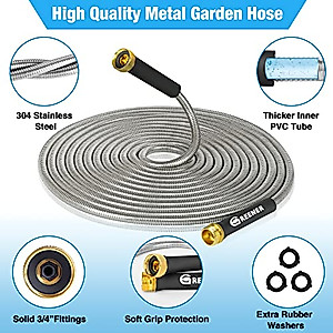 GREENER Stainless Steel Garden Hose 50ft-Heavy Duty Metal Water Hose Rust-proof Flexible Hose with 10 Functional Nozzle, Anti-puncture Kink-resistant Tangle Free Pet-proof Hose for Outdoor Yard Lawn