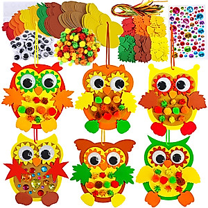 Winlyn 24 Sets Foam Owl Decorations DIY Owl Fall Craft Kit Assorted Foam Owl Shapes with Autumn Leaves Pumpkins Googly Eyes Pom-Poms for Kids Gift Halloween Thanksgiving Holiday Classroom Art Activity