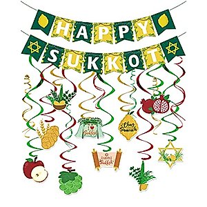 Mosailles Happy Sukkot Hanging Swirls Banner Decorations kit Etrog and Lulav outdoor pre-assembled Sukkah Decor Holiday Party Decor Supplies