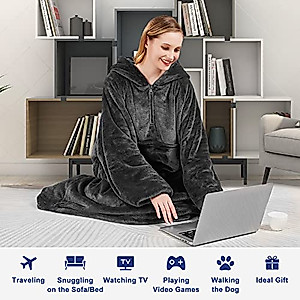 BOBOR Sweatshirt Blanket, Oversized Wearable Hoodie Fleece Blanket with Large Front Pocket for Adults, Men, Women, and Kids, Super Soft Fuzzy Warm Comfortable Flannel Blanket（Dark Gray）