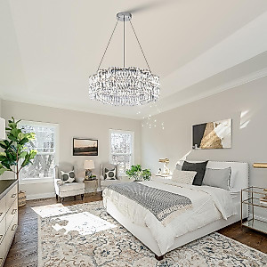 Poemoon Modern Crystal LED Chandelier 32’’ with Remote Control Dimmable 3000-6500K Contemporary Chrome Luxury Chandeliers Light Fixture for Living Dining Room Bedroom Kitchen Island Foyer Entryway