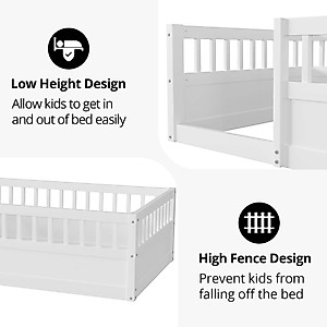 Twin Size Floor Bed with High Fence Rails, Solid Wood Montessori Floor Bed for Baby,Kids Twin Bed Frame for Girls, Boys, Floor Bed Without Slats as Kids Playground,White